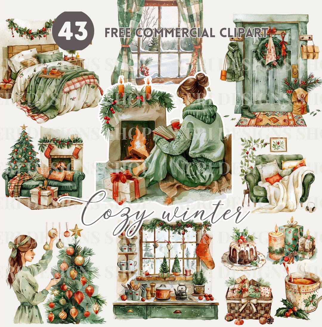 Cozy Winter Watercolor Clipart, Holiday Home Living Free Commercial PNG ...