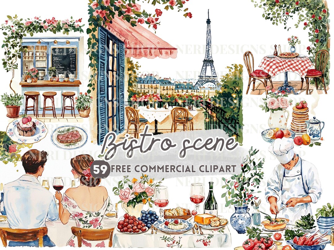 Bistro Scene Watercolor Clipart, Cozy Restaurant Free Commercial PNG ...