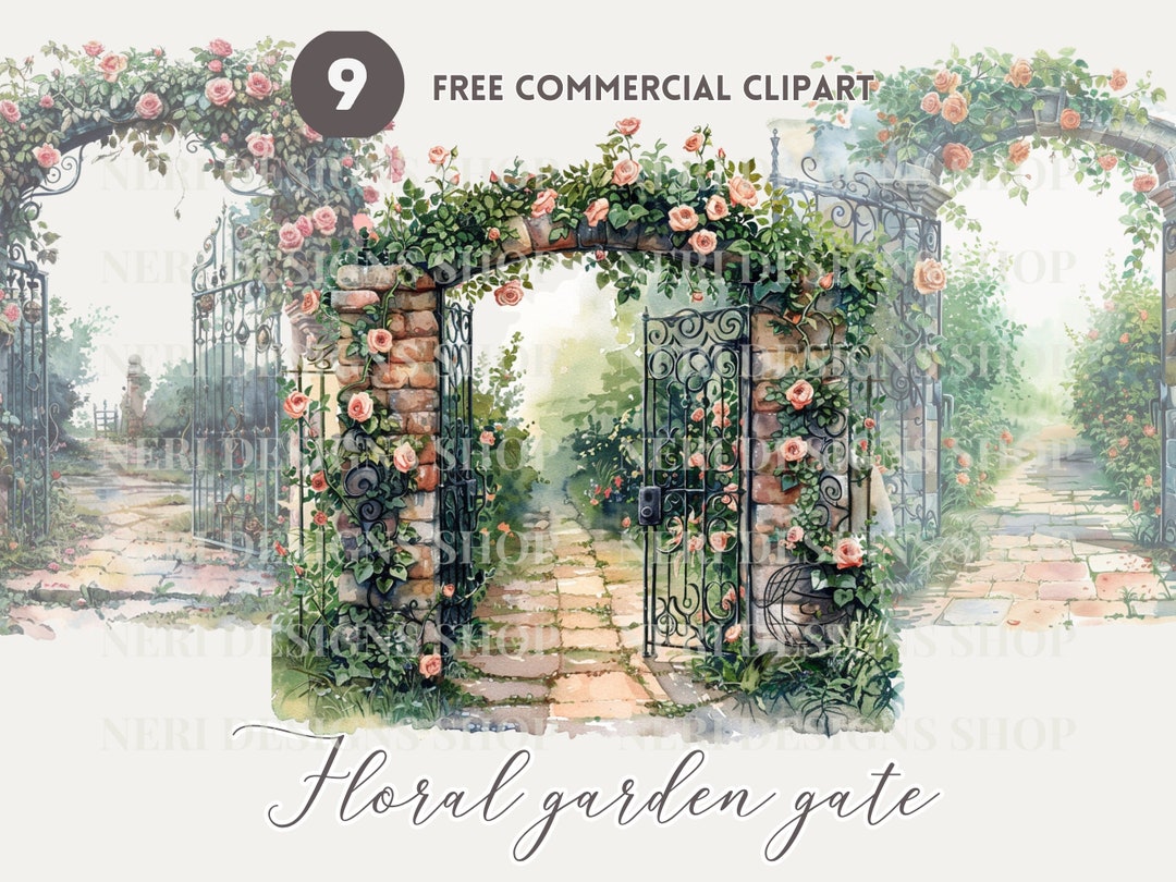 Garden Gate Watercolor Clipart Bundle, Rose Wrought Iron Gate Free ...
