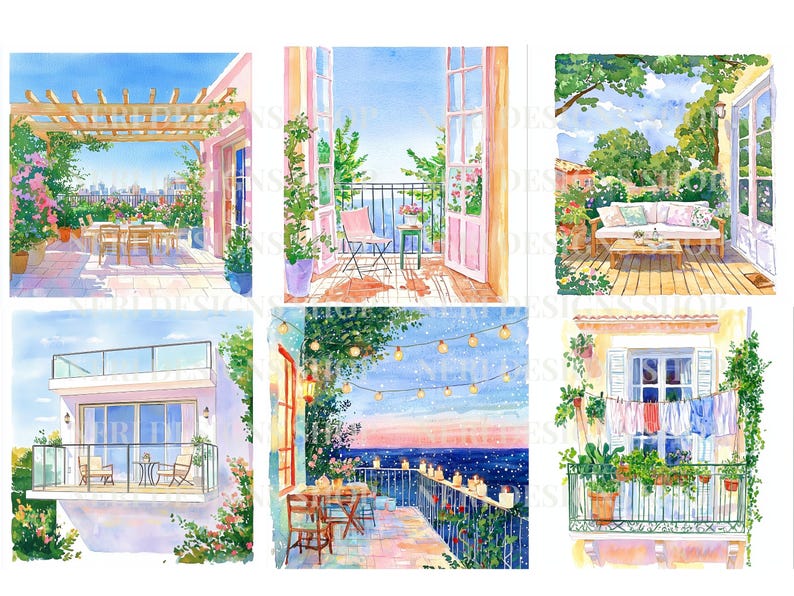 Balcony and Patio Watercolor Clipart, Outdoor Seating Free Commercial ...