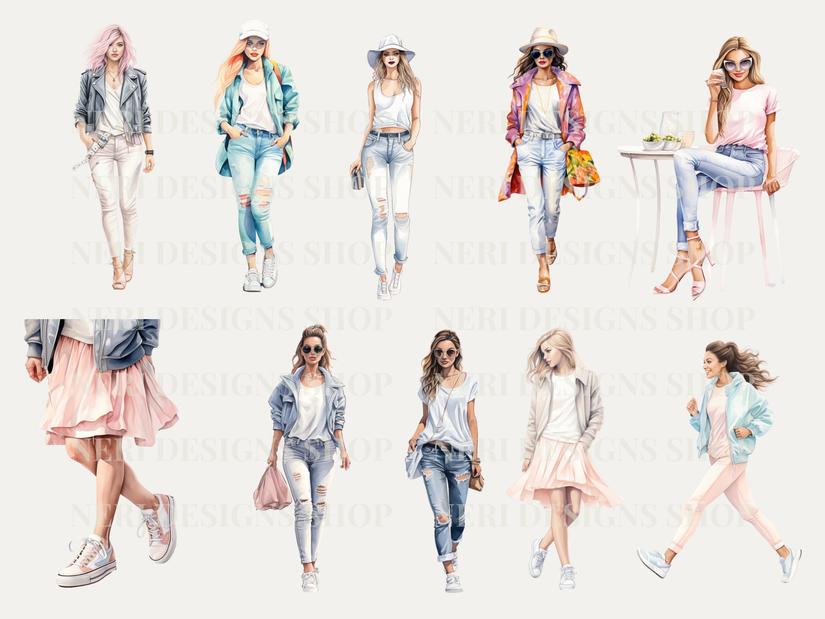 Casual Fashion Watercolor Clipart, Stylish Woman Commercial PNG ...