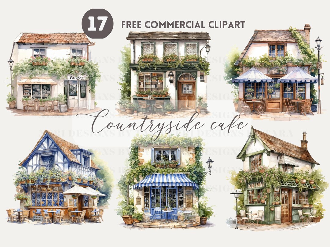Countryside Cafe Watercolor Clipart Bundle, Rustic Restaurant Free ...