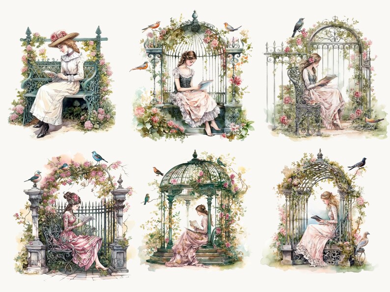Vintage Outdoor Reading With Bird Watercolor Clipart Bundle - Etsy