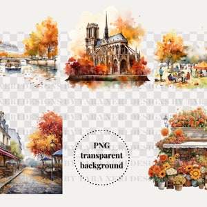 Autumn Paris Watercolor Clipart Bundle, Autumn City Free Commercial PNG ...