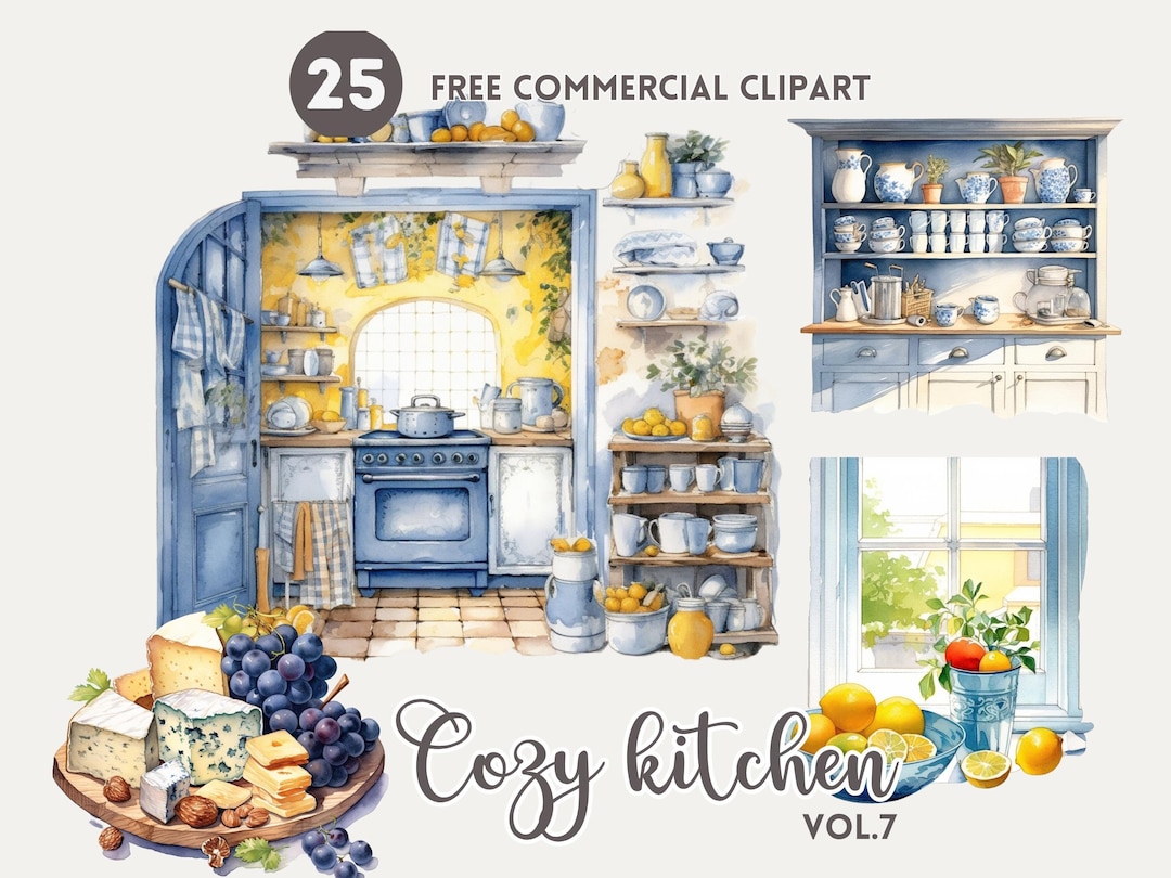 Cozy Kitchen Watercolor Clipart Bundle, Food Free Commercial PNG Set ...