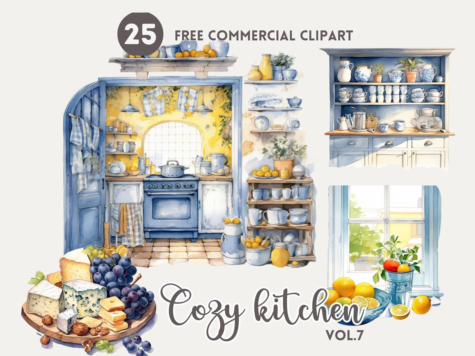 Cozy Kitchen Watercolor Clipart Bundle, Food Free Commercial PNG Set ...