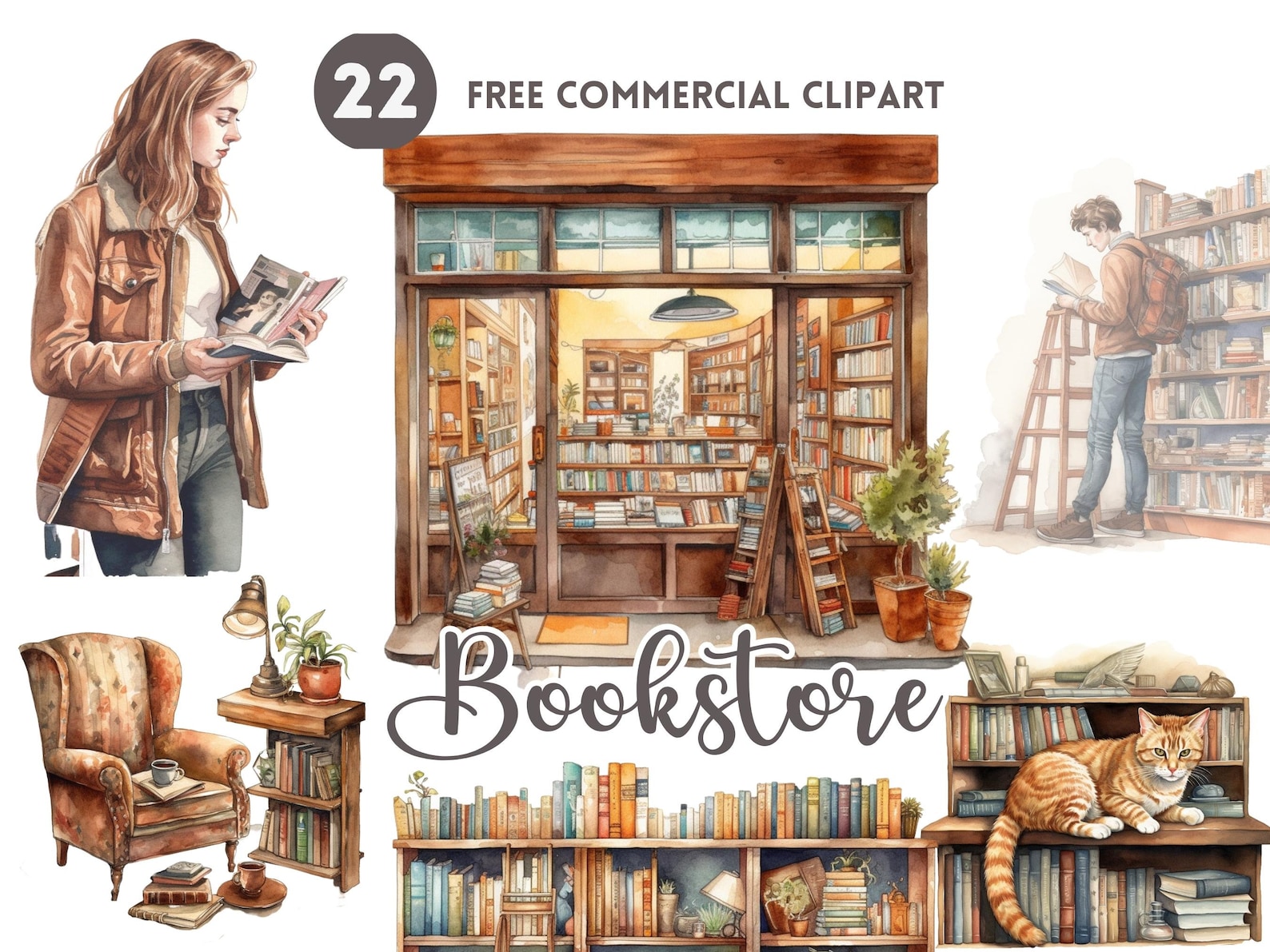 Bookstore Watercolor Clipart Bundle Book Shop Free Commercial - Etsy