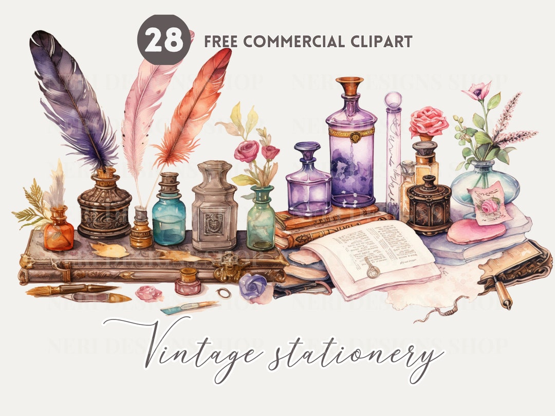 Vintage Stationery Watercolor Clipart Bundle, Ink, Quill Free ...