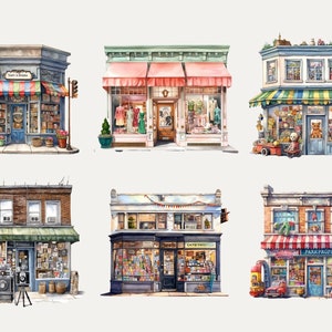 Retro Storefront Watercolor Clipart Bundle, Street Shop, Store Facade ...