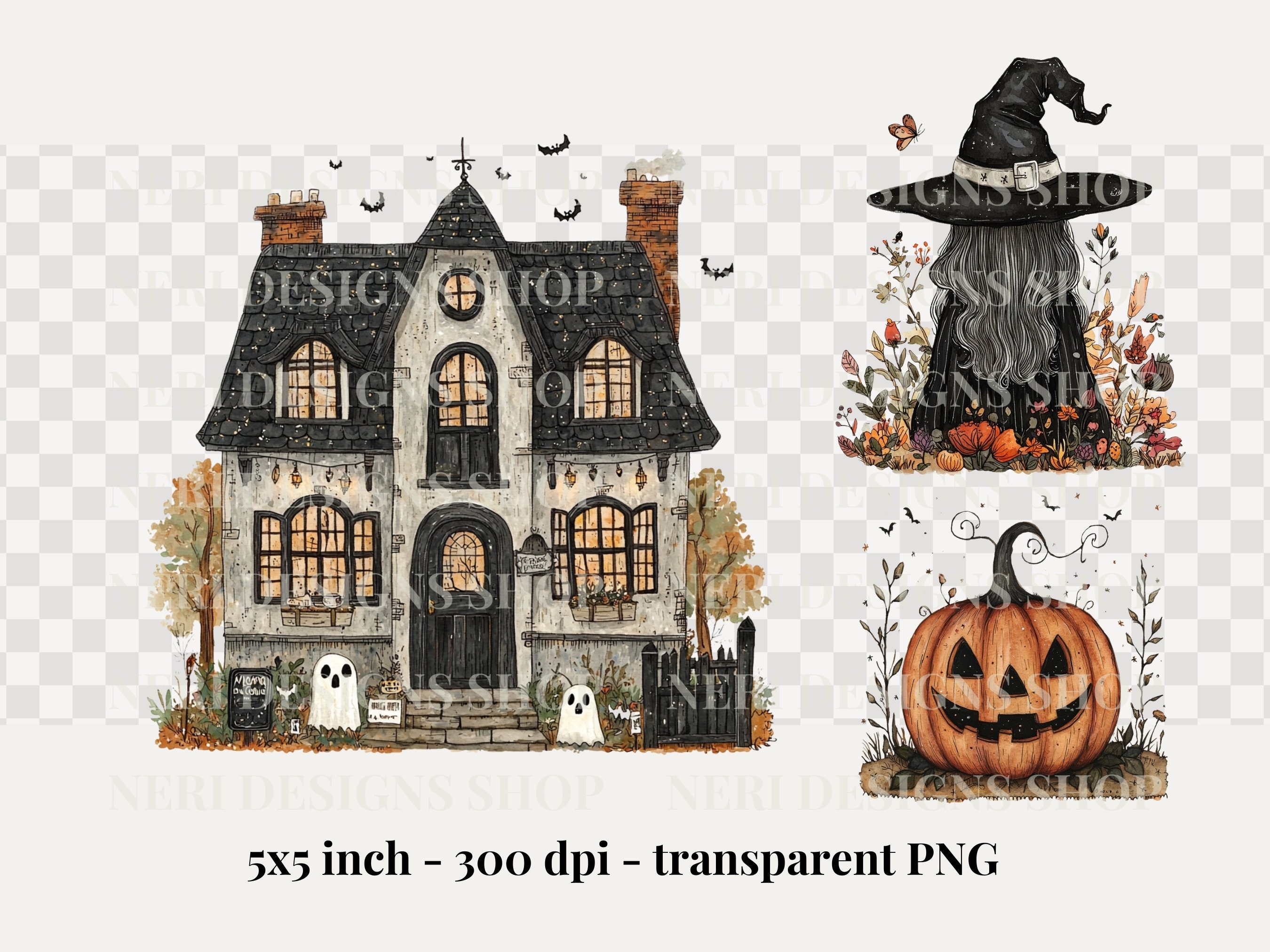 Halloween Watercolor Clipart, Spooky House Free Commercial PNG, Witch ...