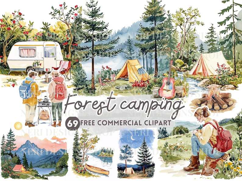 Forest Camping Watercolor Clipart, Mountain Picnic Scene Free ...