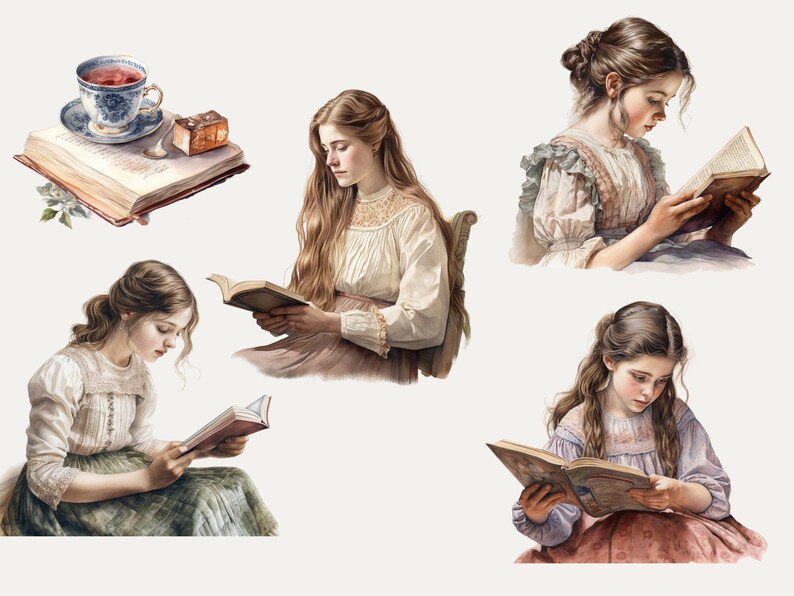 Vintage Lady Reading Watercolor Png Clipart Bundle Vintage - Etsy