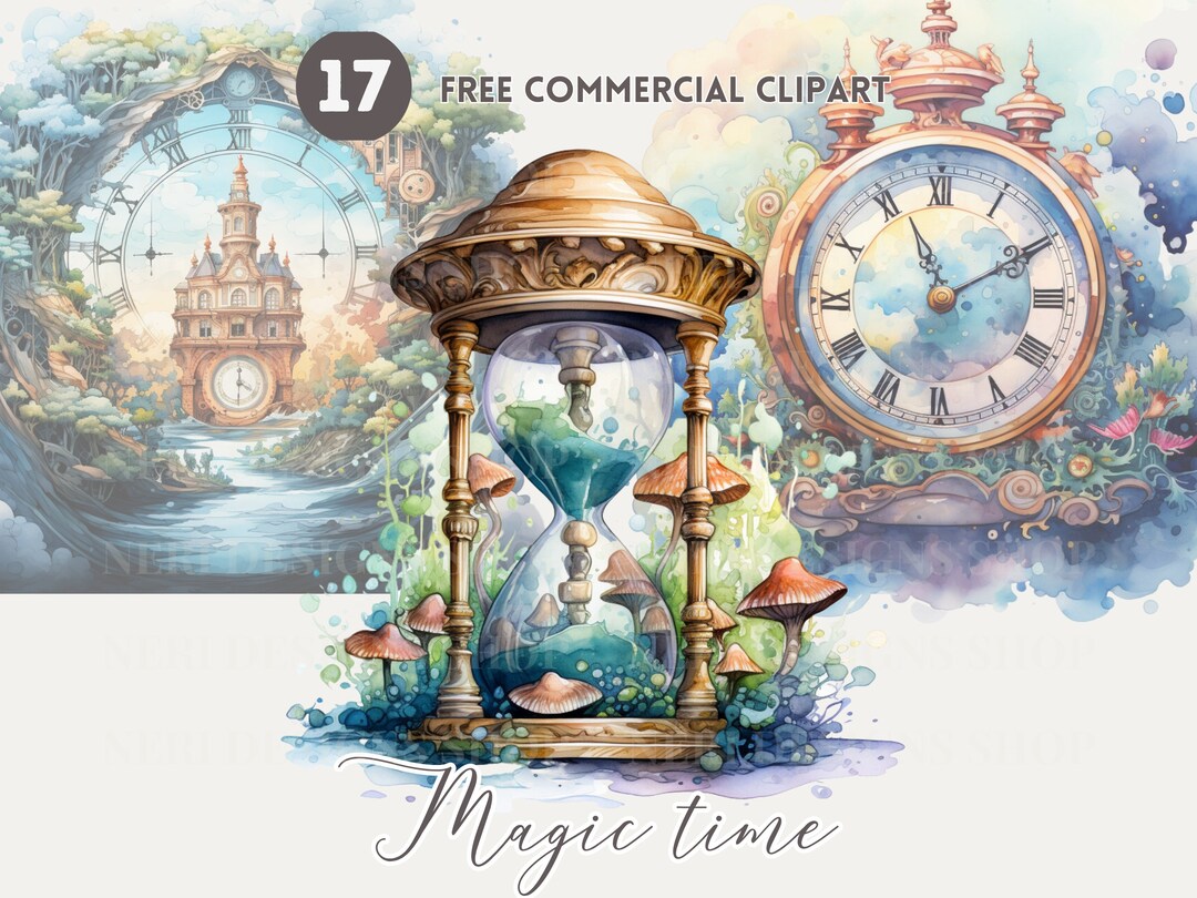 Enchanted Hourglass and Clock Watercolor Clipart Bundle, Magical ...