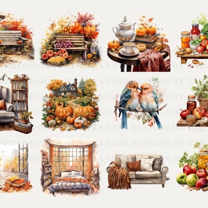 Cozy Fall Season Watercolor Clipart Bundle, Autumn Garden Bench, Food ...
