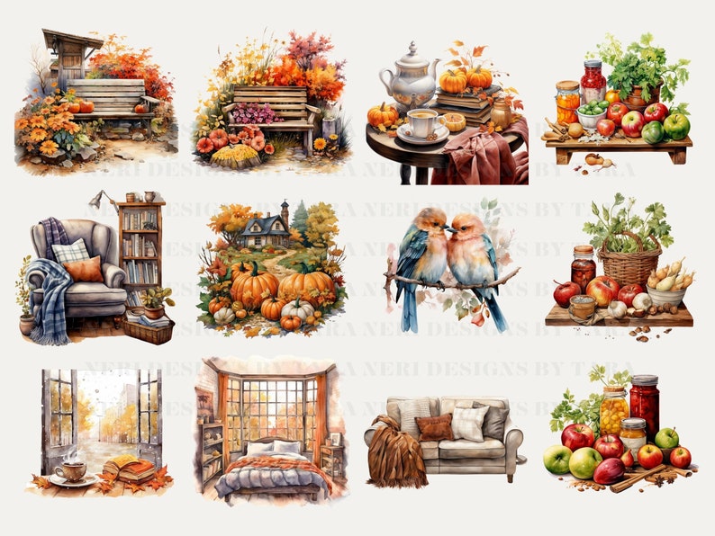 Cozy Fall Season Watercolor Clipart Bundle Autumn Garden - Etsy