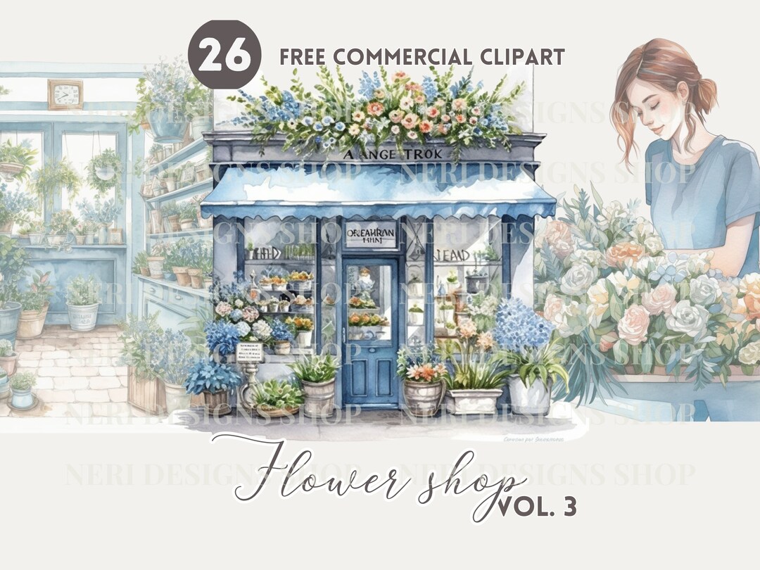 Flower Shop Watercolor Clipart Bundle, Flower Store Free Commercial PNG ...