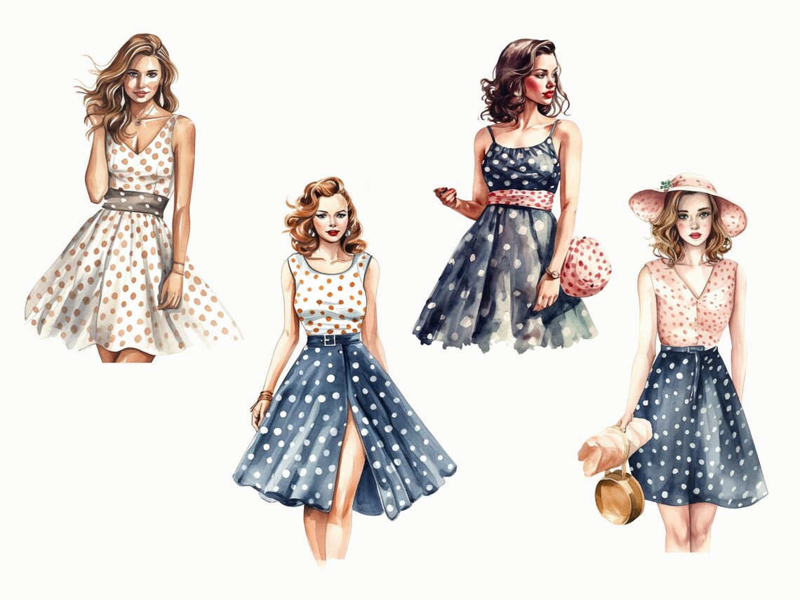 Lady Wearing Polka Dot Dress Watercolor Clipart Bundle Retro - Etsy