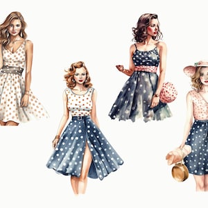 Lady Wearing Polka Dot Dress Watercolor Clipart Bundle Retro Fashion ...