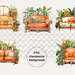 Boho Sofa and Plant Watercolor Clipart Bundle, Botanical Couch Free ...