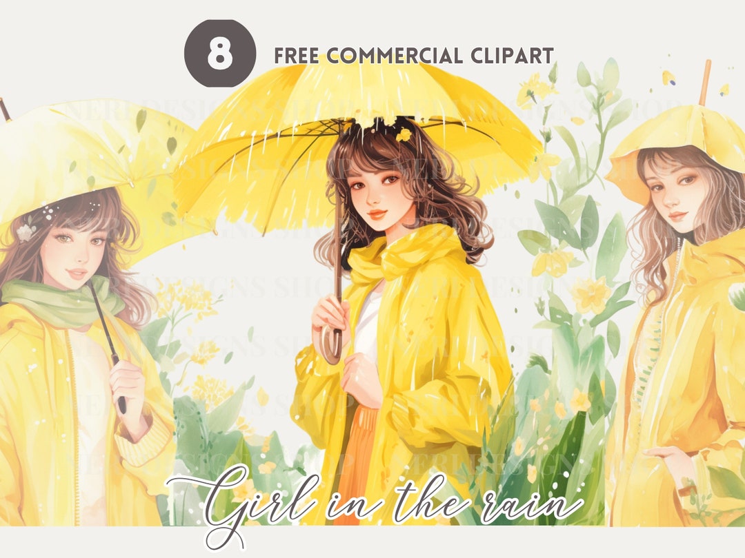 Raincoat Girl Watercolor Clipart Bundle, Rainy Day Free Commercial Set ...