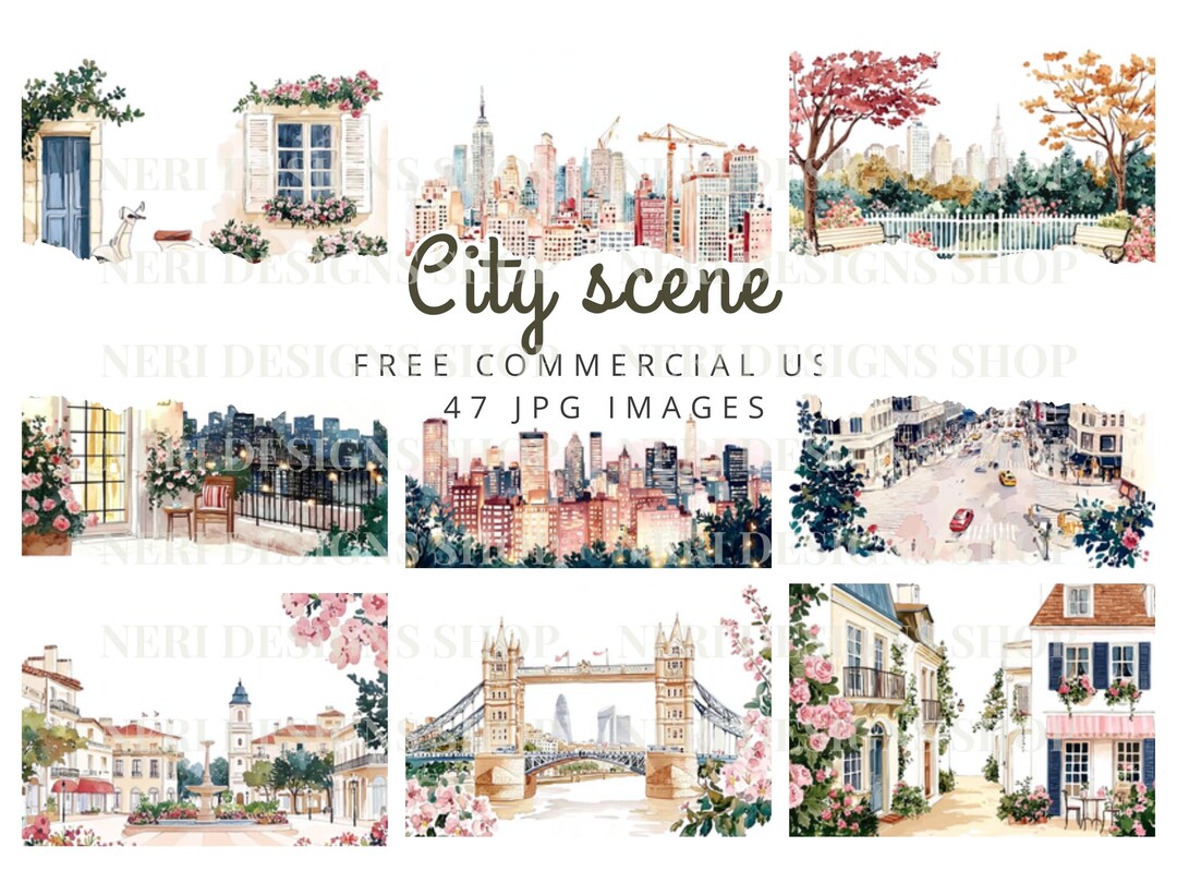 Cityscape Watercolor Clipart, City View Free Commercial JPG, Urban ...