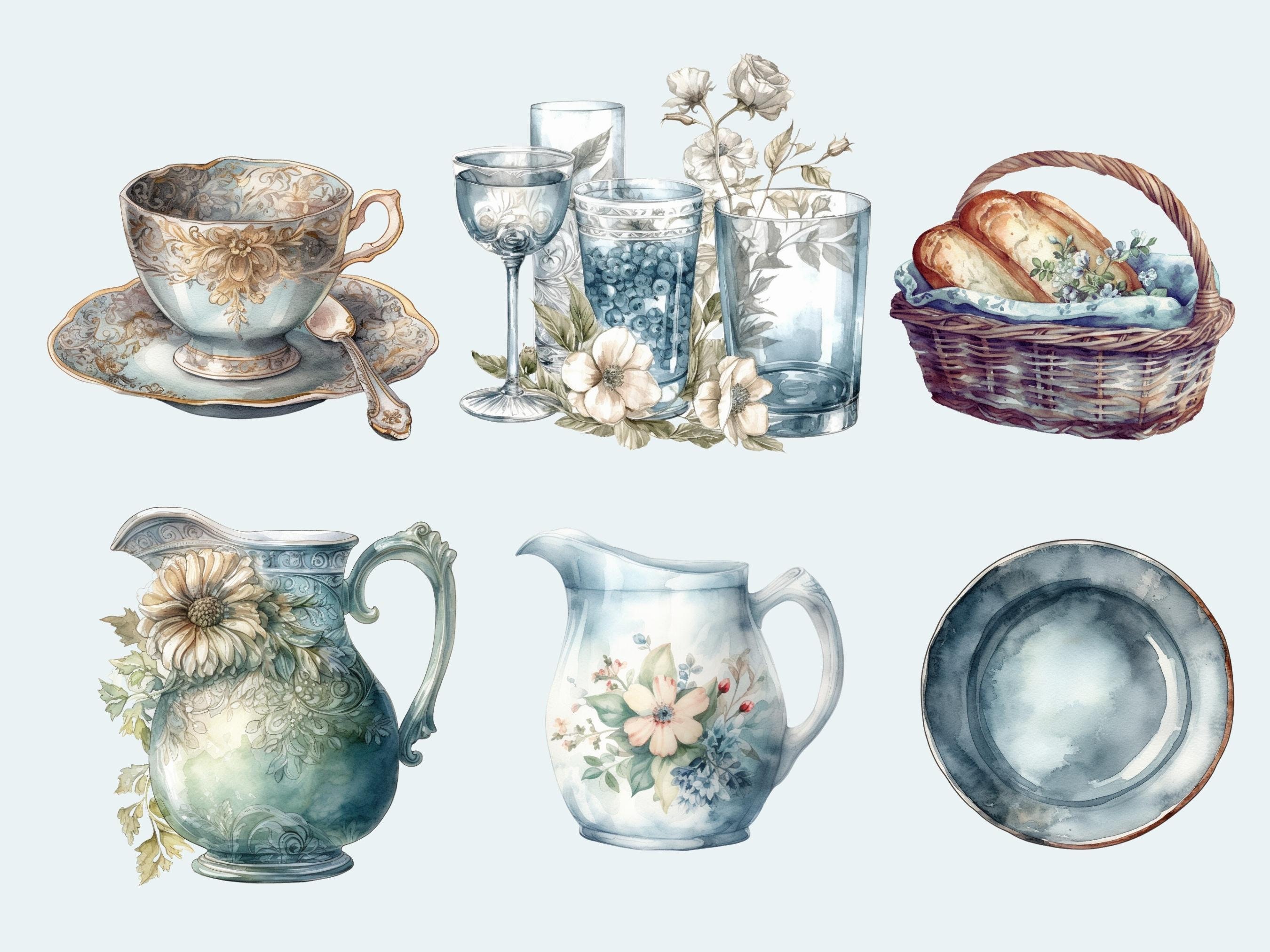 Vintage Tea Set Watercolor Clipart Bundle Free Commercial - Etsy