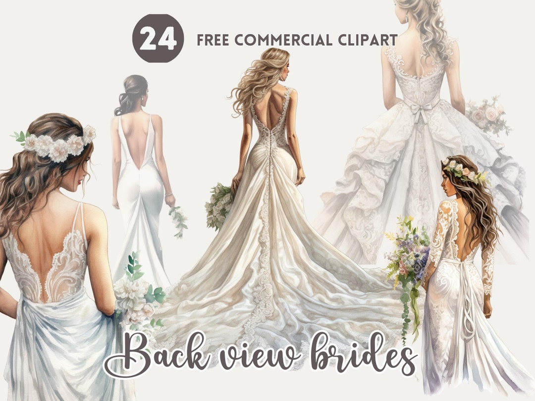 Bride Back View Watercolor Clipart Bundle, Bride Hold Flower Free ...