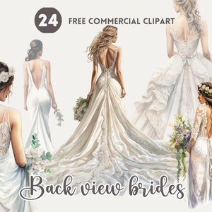 Bride Back View Watercolor Clipart Bundle, Bride Hold Flower Free ...
