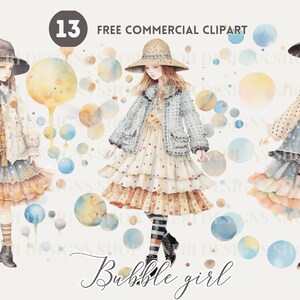Cute Girl and Bubble Watercolor Clipart Bundle, Girl With Hat in Dotted ...
