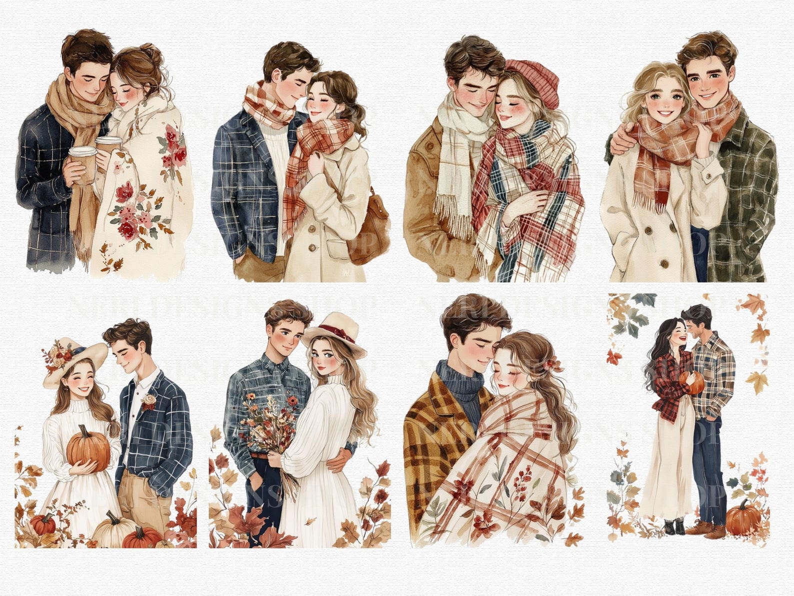 Cozy Fall Couple Watercolor Clipart, Autumn Romance Planner Sticker ...