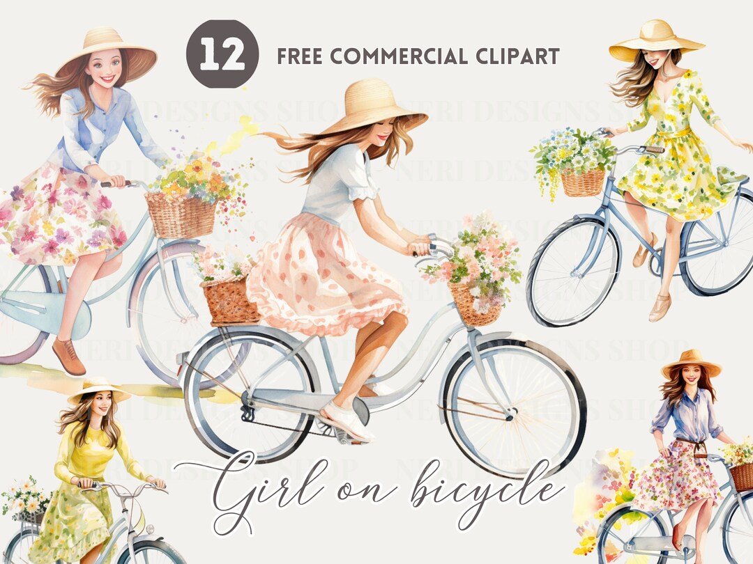 Romantic Girl Riding Bicycle Watercolor Clipart Bundle, Free Commercial ...