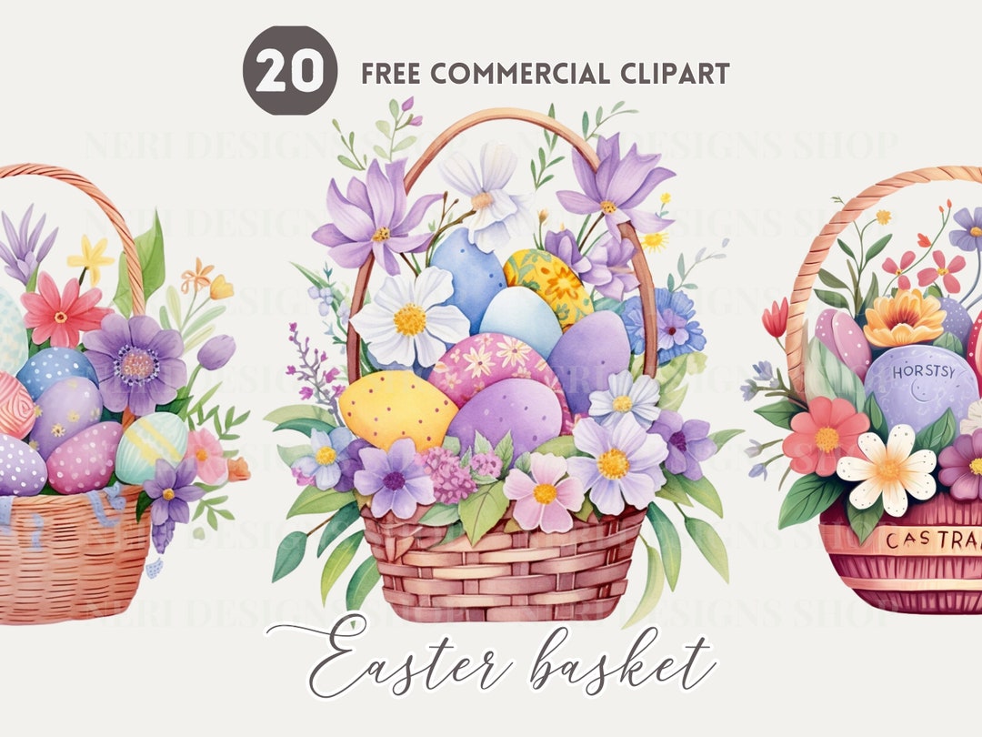Easter Basket Watercolor Clipart Bundle, Floral and Egg Eastern Basket ...