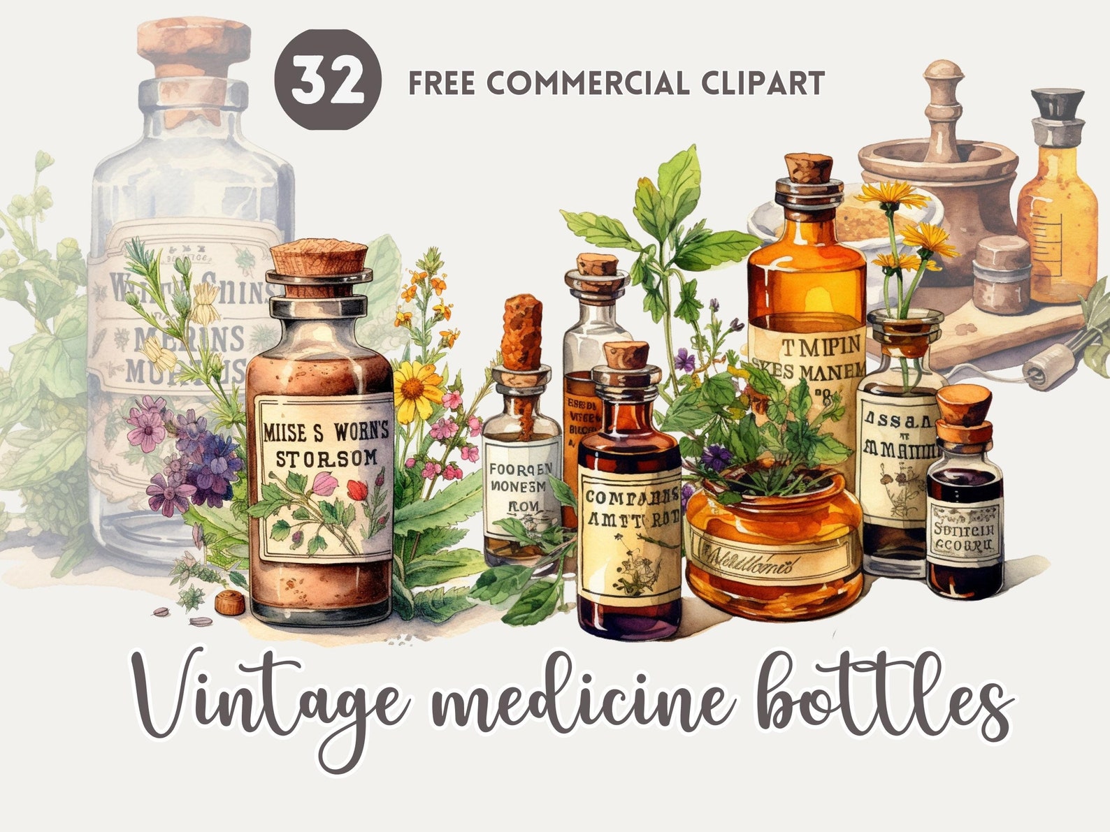 Vintage Medicine Bottles Watercolor Clipart Bundle, Vintage Pharmacy ...