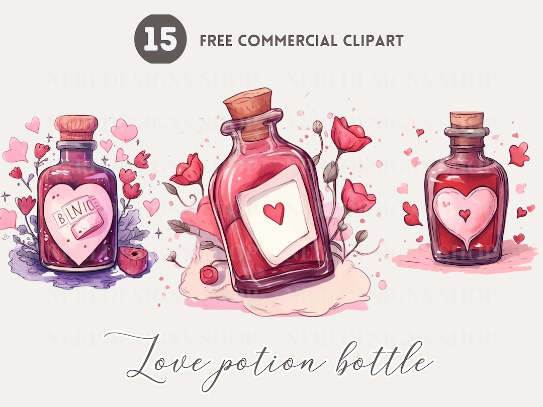 Love Potion Bottle Watercolor Clipart Set, Romantic Potion Bottle Free ...
