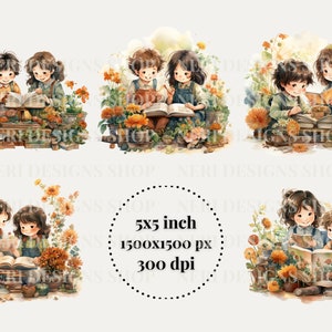 Children Group Study Watercolor Clipart Bundle, Kid Study With Friend ...