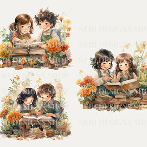 Children Group Study Watercolor Clipart Bundle, Kid Study With Friend ...