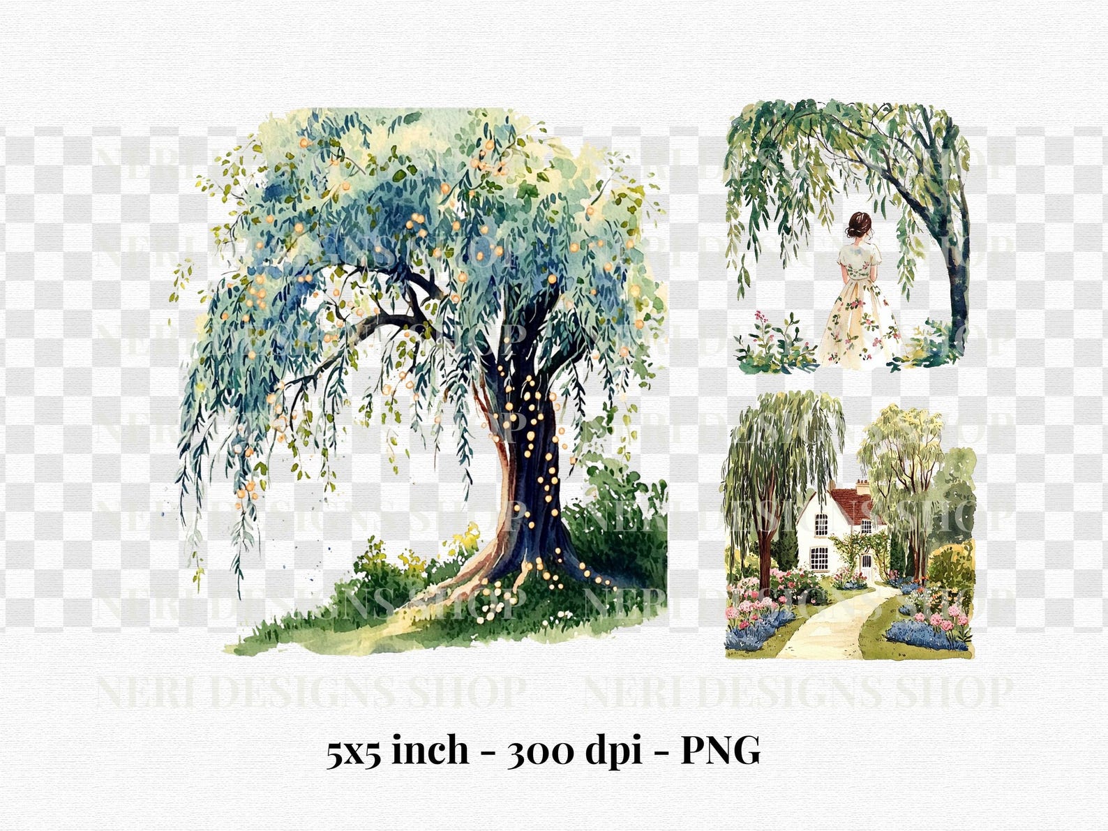 Willow Tree Watercolor Clipart, Serene Nature Scene Free Commercial PNG ...