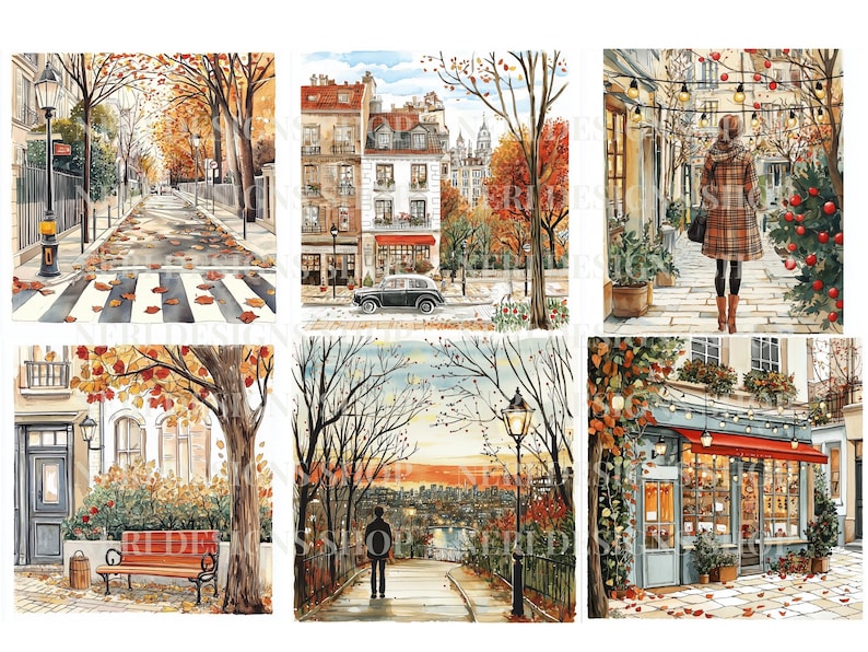 Fall City Scene Watercolor Clipart, Girl on Autumn Street, Cozy Couple ...