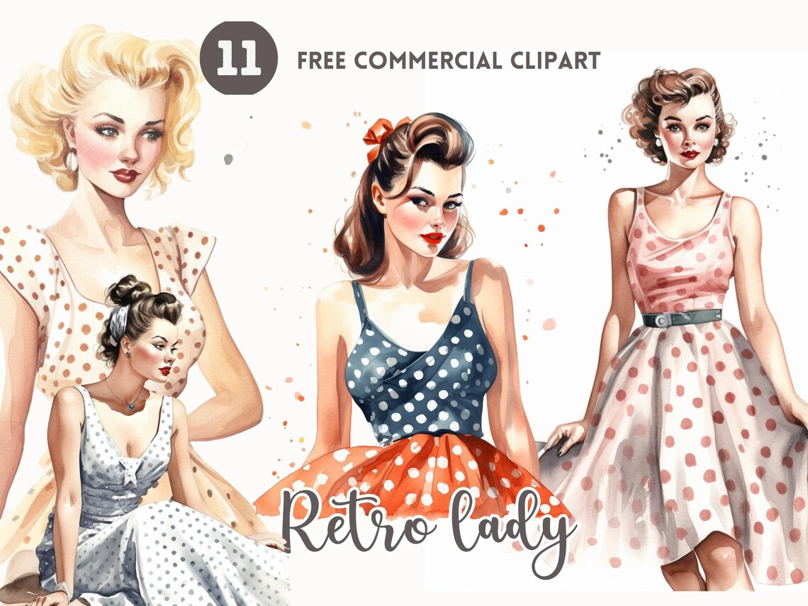 Lady Wearing Polka Dot Dress Watercolor Clipart Bundle Retro - Etsy