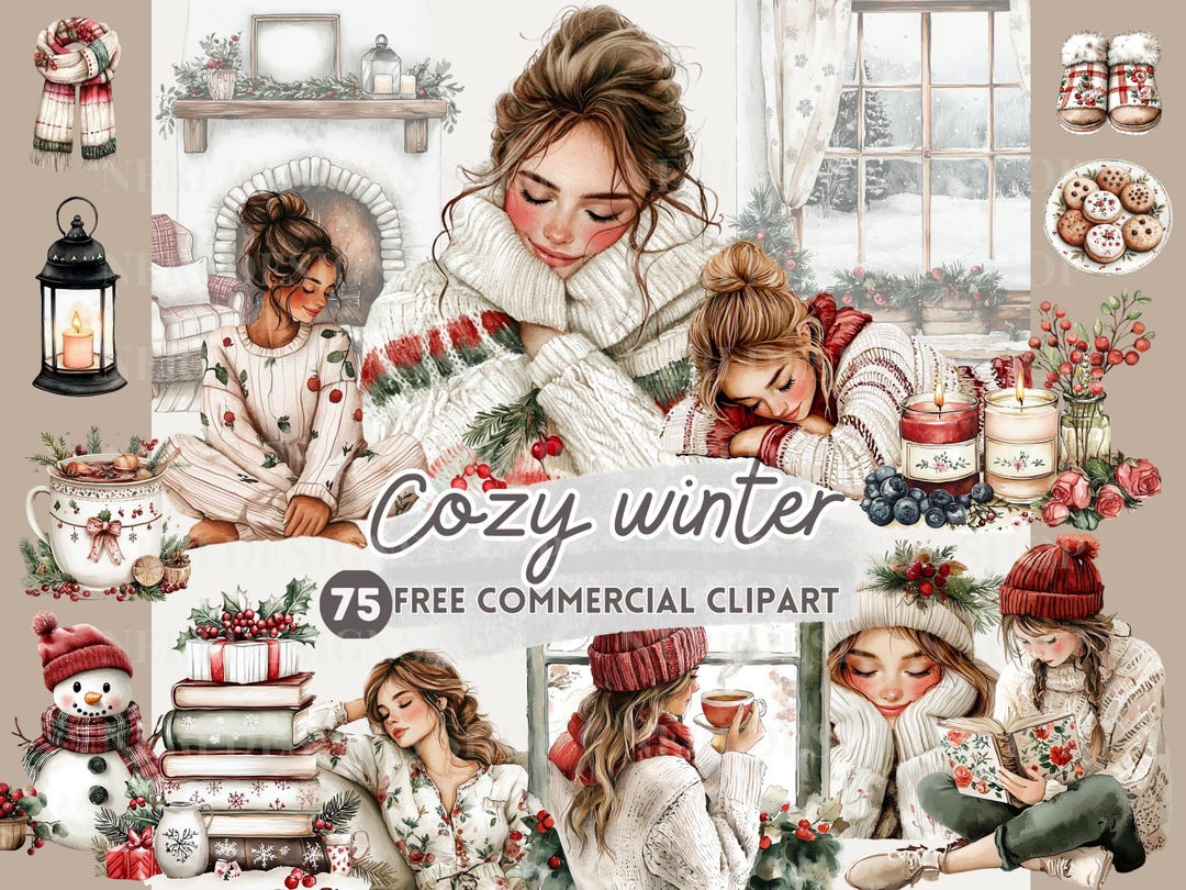 Cozy Winter Girl Watercolor Clipart, Chilly Day Comfort Free Commercial ...