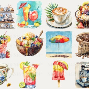 Beach Cafe and Bar Watercolor Clipart Bundle Seaview Coffee Shop Free ...