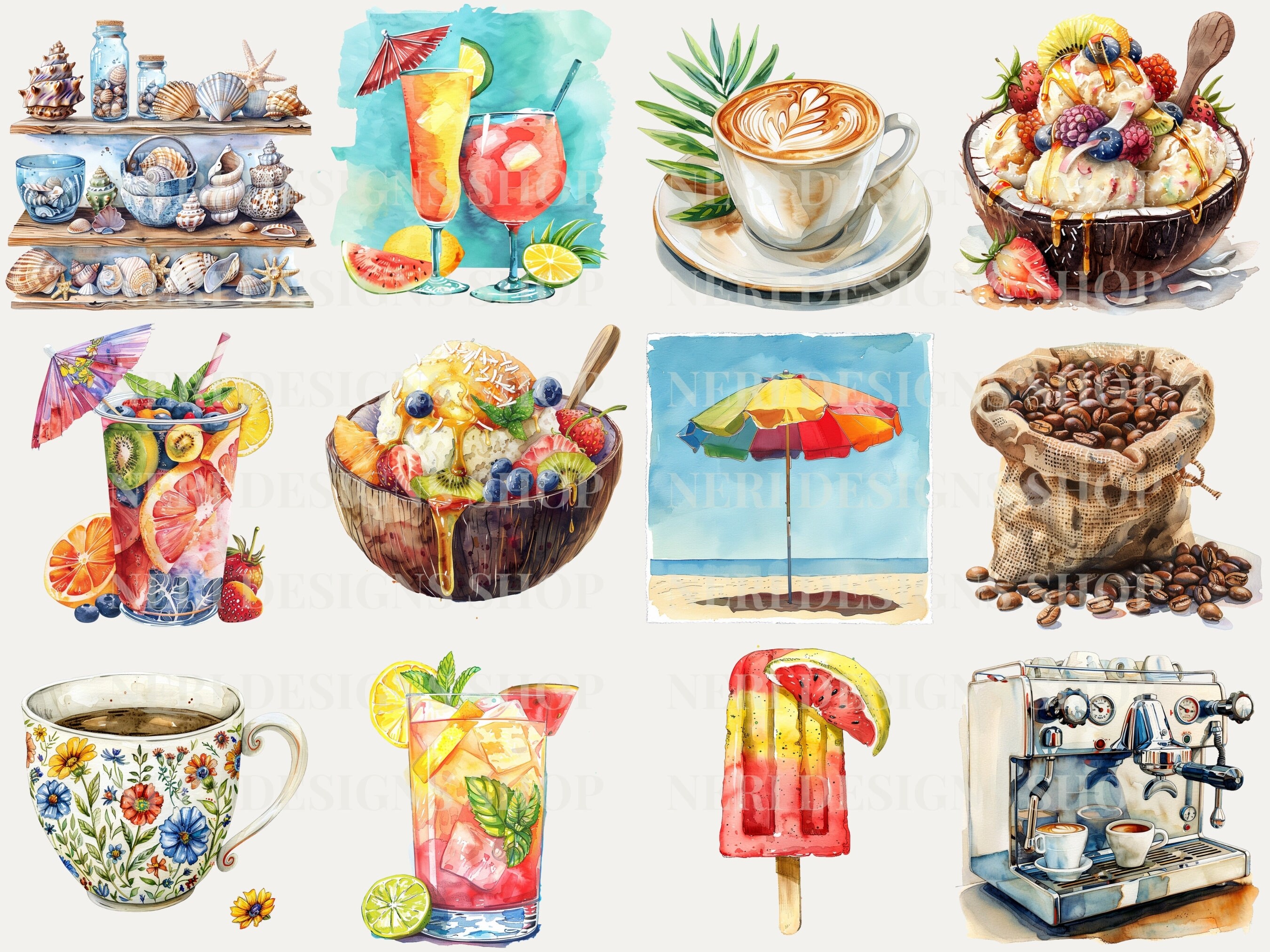 Beach Cafe and Bar Watercolor Clipart Bundle Seaview Coffee Shop Free ...