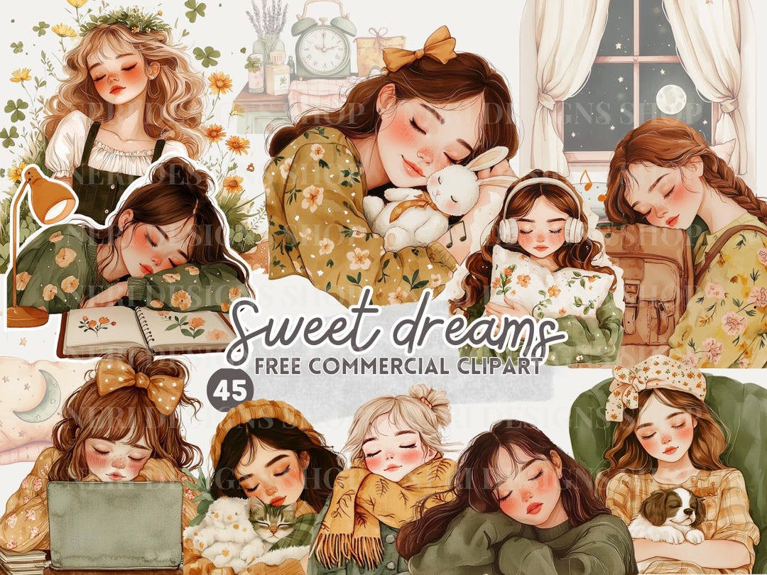 Sleeping Girl Watercolor Clipart, Bedtime Free Commercial PNG, Nap Time ...
