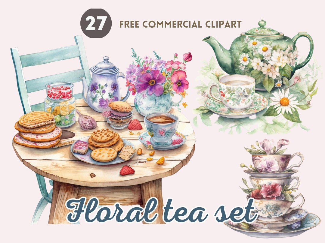 Vintage Tea Cup Watercolor Clipart Bundle Free Commercial Vibrant ...