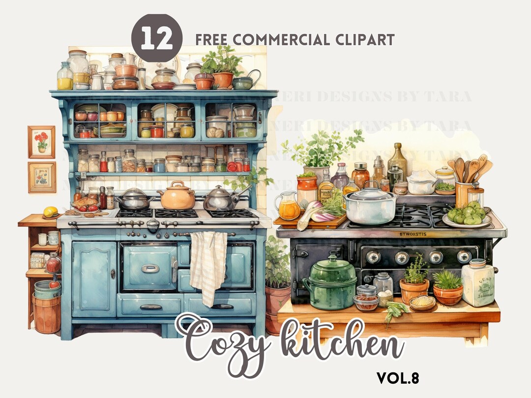 Cozy Kitchen With Vegetable Watercolor Clipart Bundle, Shabby Cooking ...