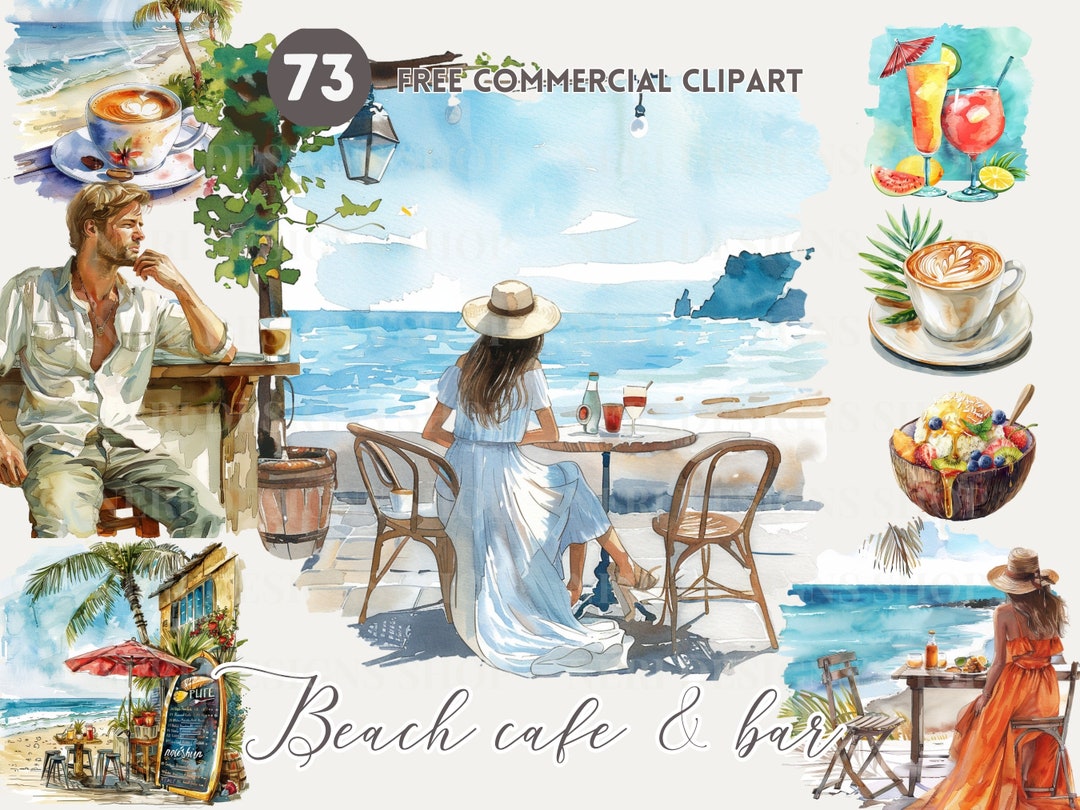 Beach Cafe and Bar Watercolor Clipart Bundle Seaview Coffee Shop Free ...