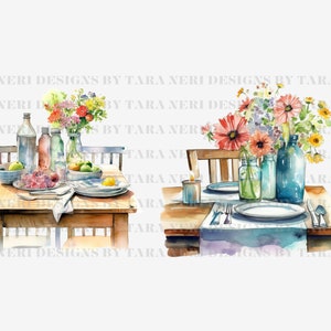Rustic Dining Table With Food Watercolor Clipart Bundle Free Commercial ...