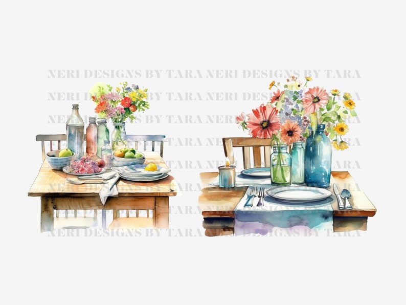 Rustic Dining Table With Food Watercolor Clipart Bundle Free Commercial ...