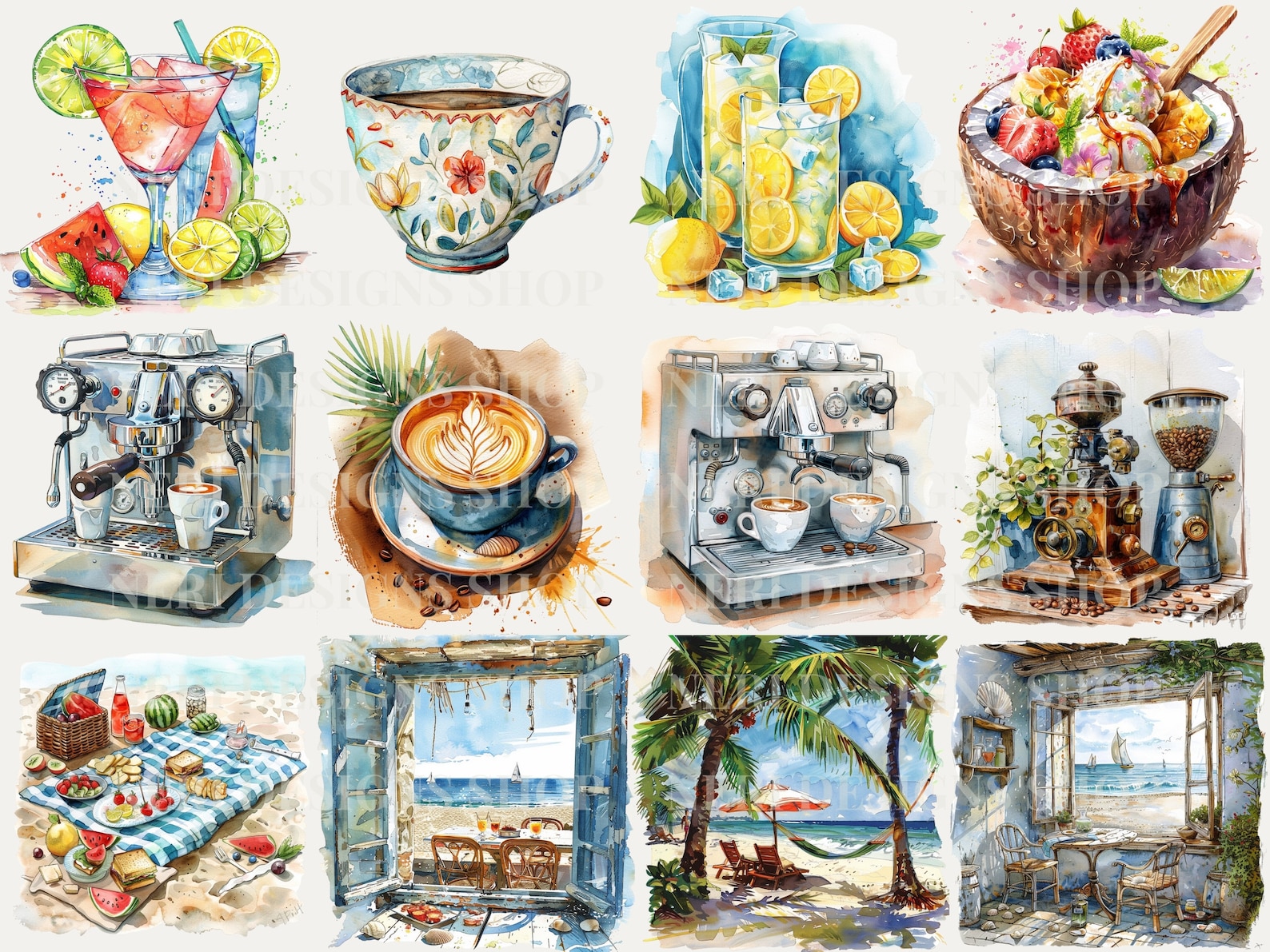 Beach Cafe and Bar Watercolor Clipart Bundle Seaview Coffee Shop Free ...