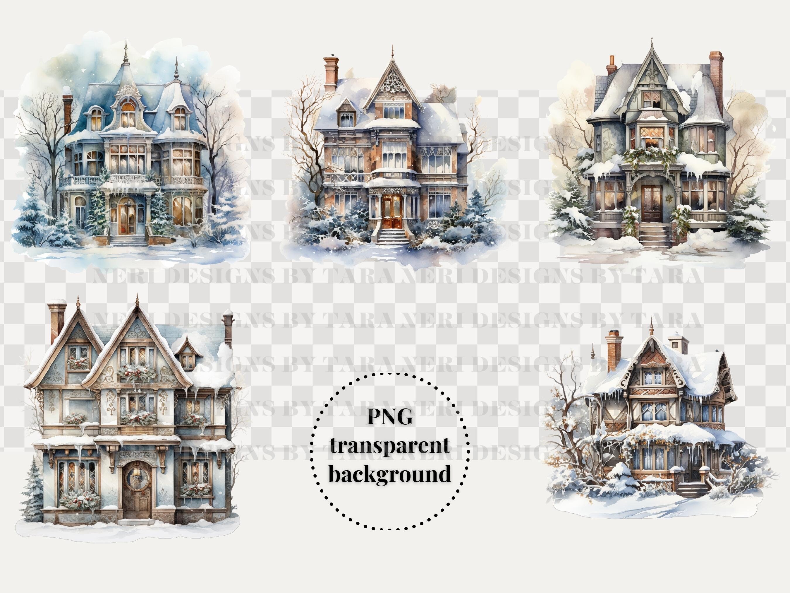 Winter House Watercolor Clipart Bundle, Christmas Mansion Free ...